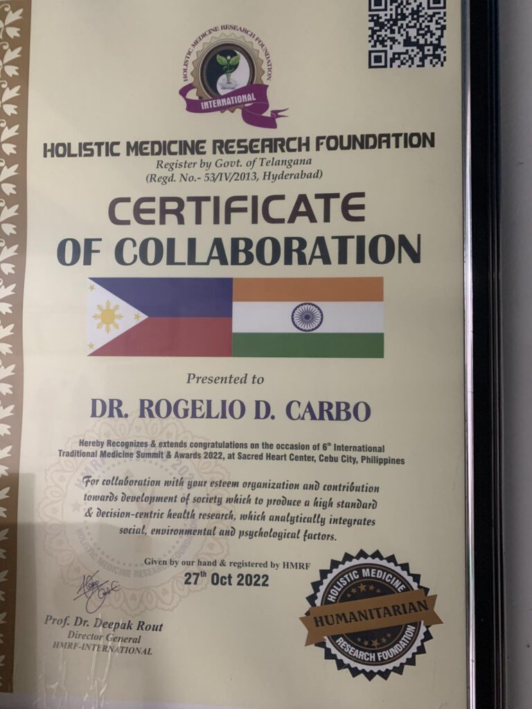 Certificate of Collaboration with the Holistic Medicine Research ...